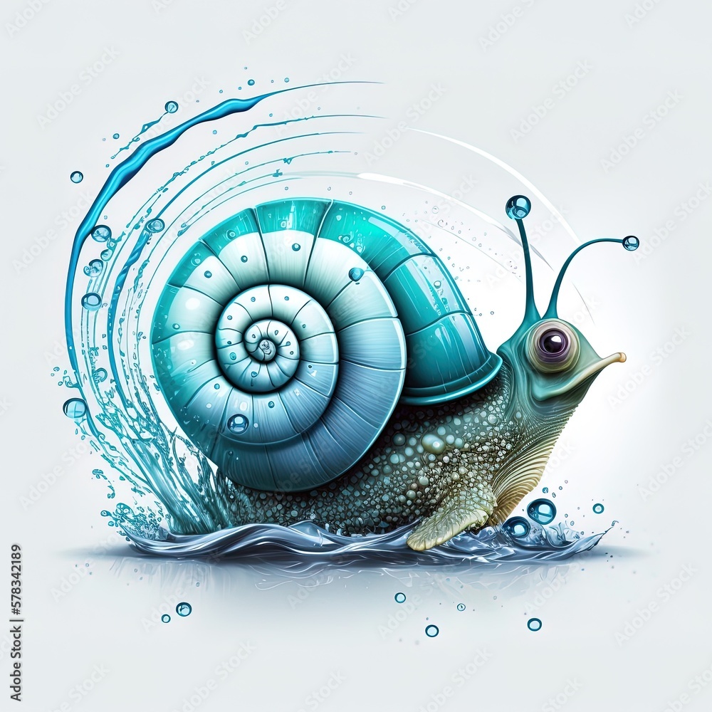 Cute snail with blue shell and splash of water on white background ...