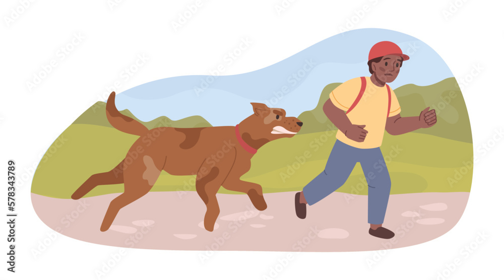 Vetor de Danger for kid outside, child running from chasing stray dog ...