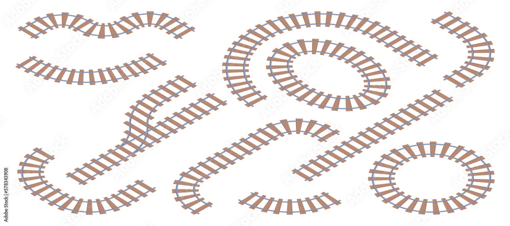 Railroad parts, isolated railway tracks made of wood and metal ...
