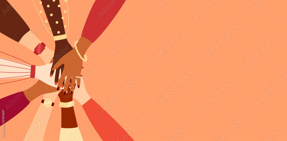 Hands of women of different ethnicities making unity gesture, copy ...
