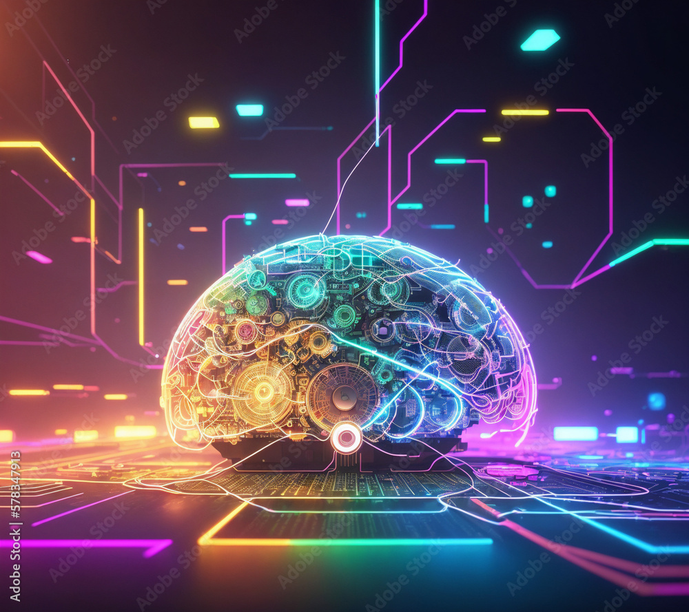 Computer circuit board lines in a shape of a brain, cyberpunk style ...