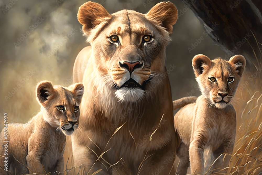 Wallpaper Illustration and background of a lion family together, in a ...