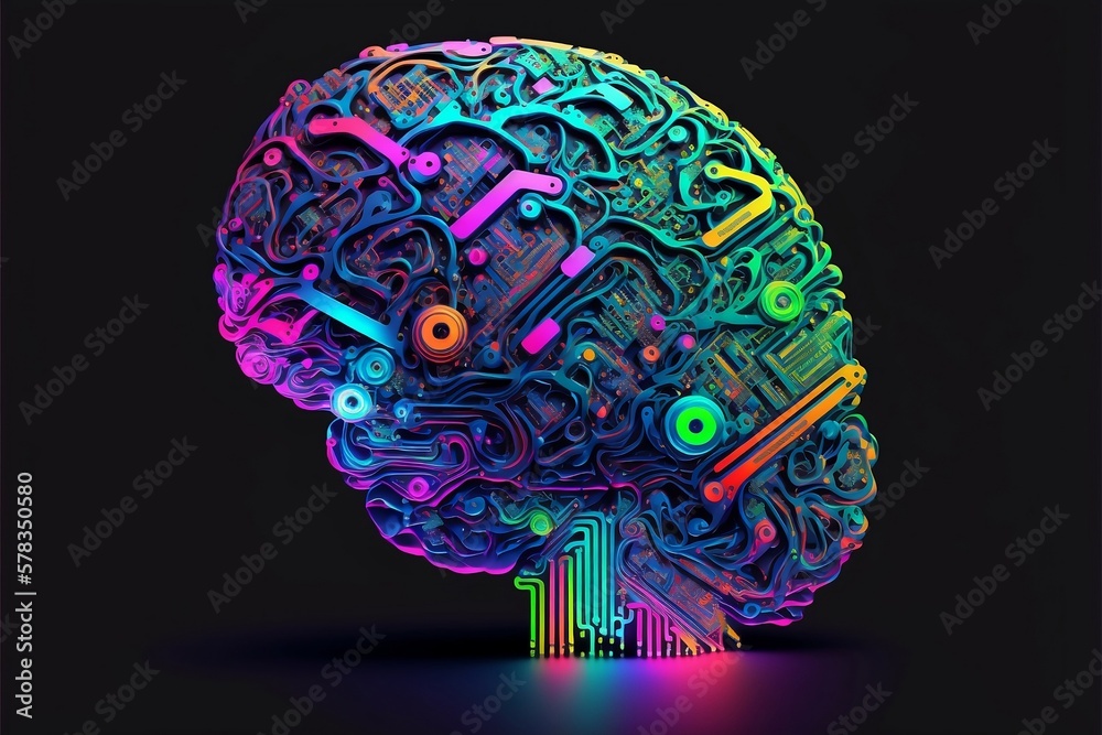 Colorful brain illustration and computer, human brain glowing with ...