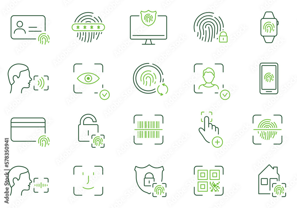 Biometric Identification Line Icon Set. Face ID, Touch ID Color ...