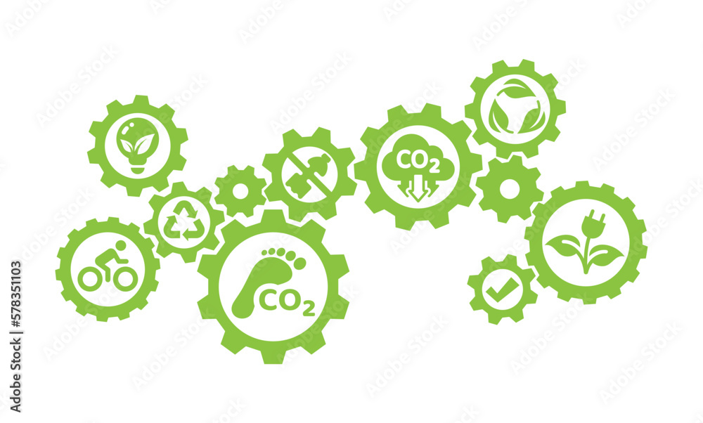 Sustainable, renewable recourses, carbon footprint in gear vector ...