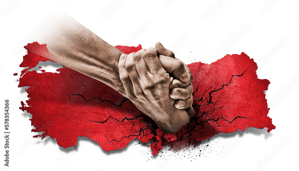 Turkey Earthquake helping hand. Helping hand extends friendly over map ...