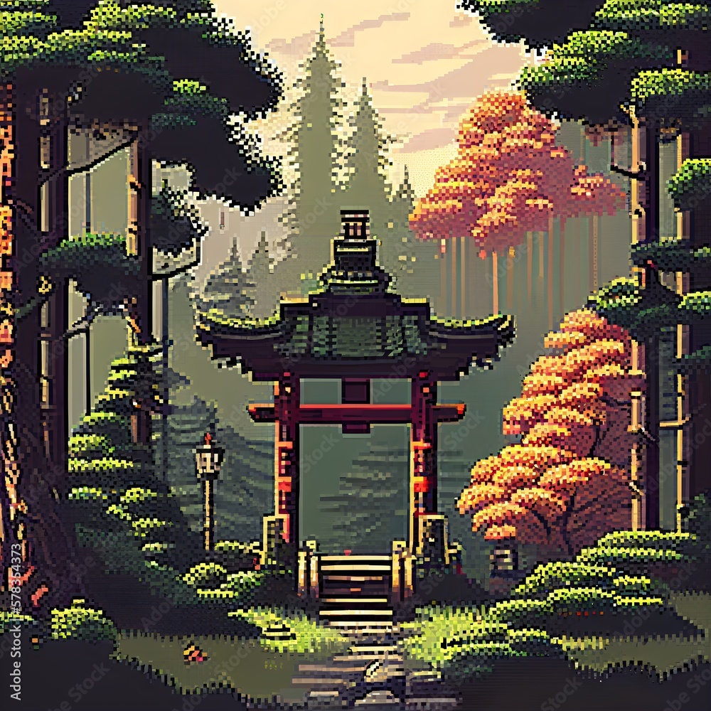 japanese garden in spring pixel art, ai generated, greenish garden ...