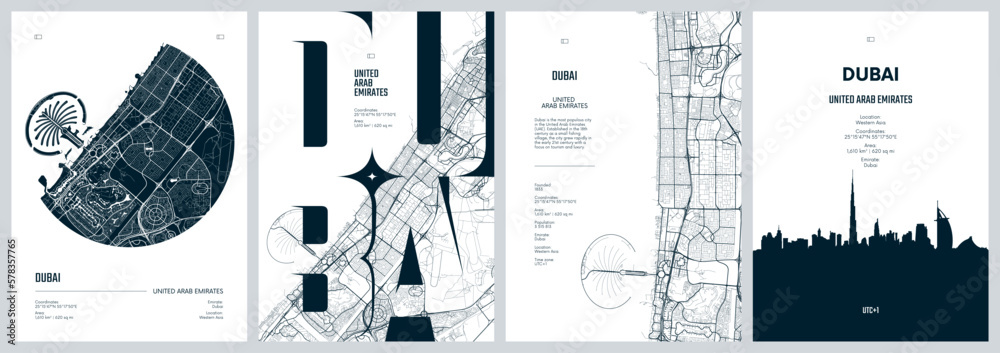 Set of travel posters with Dubai, detailed urban street plan city map ...