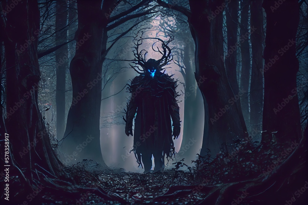 Dark Creepy Horror Monster In The Woods ,. Generative AI Stock ...
