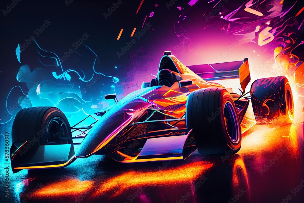 Racing For Open-Wheel Single-Seater Racing Car On Neon Lights Street ...