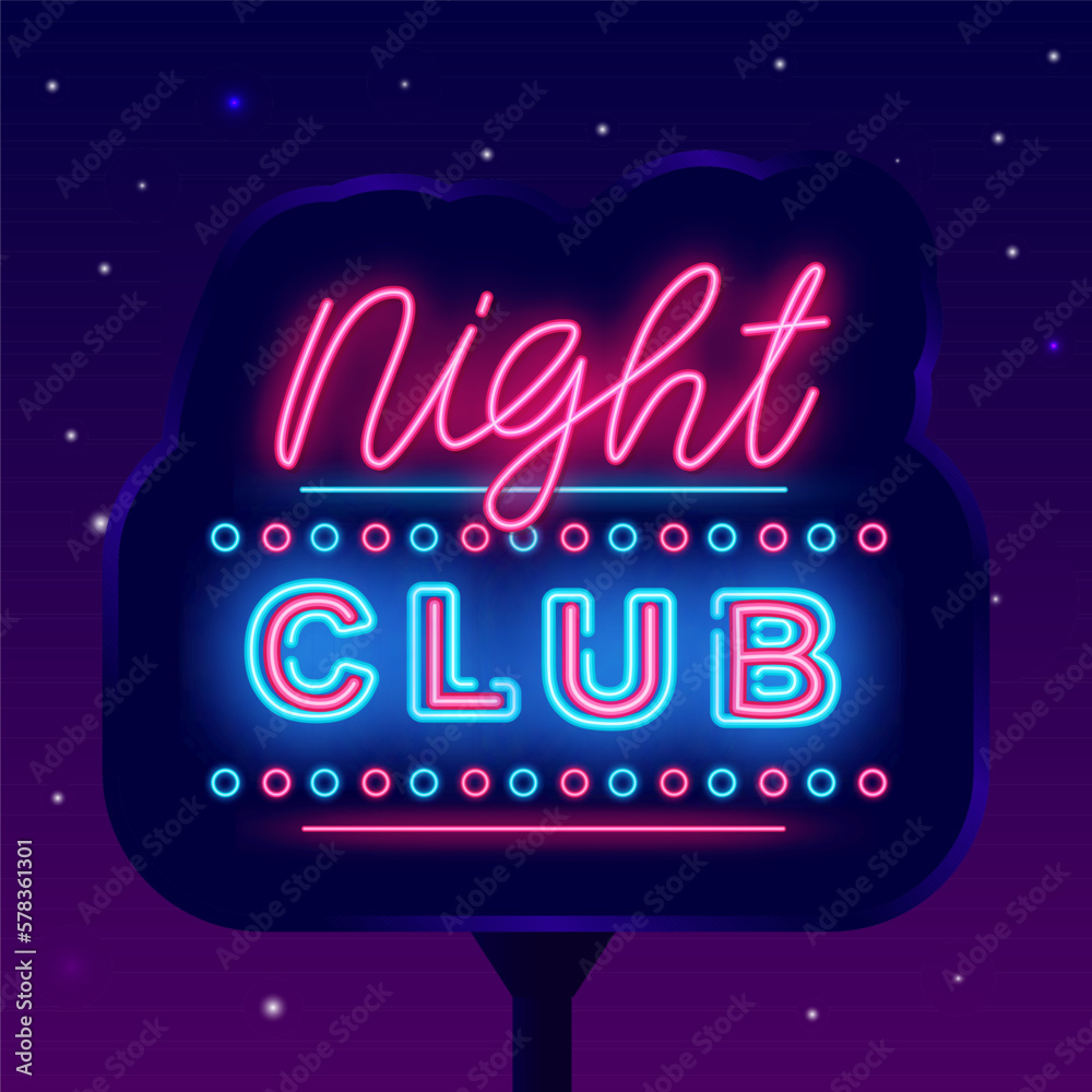 Night club neon street billboard. Outdoor poster template. Glowing ...