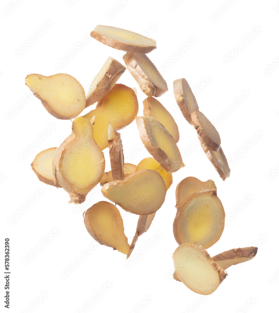 Ginger fall fly in mid air, fresh vegetable spice ginger falling ...