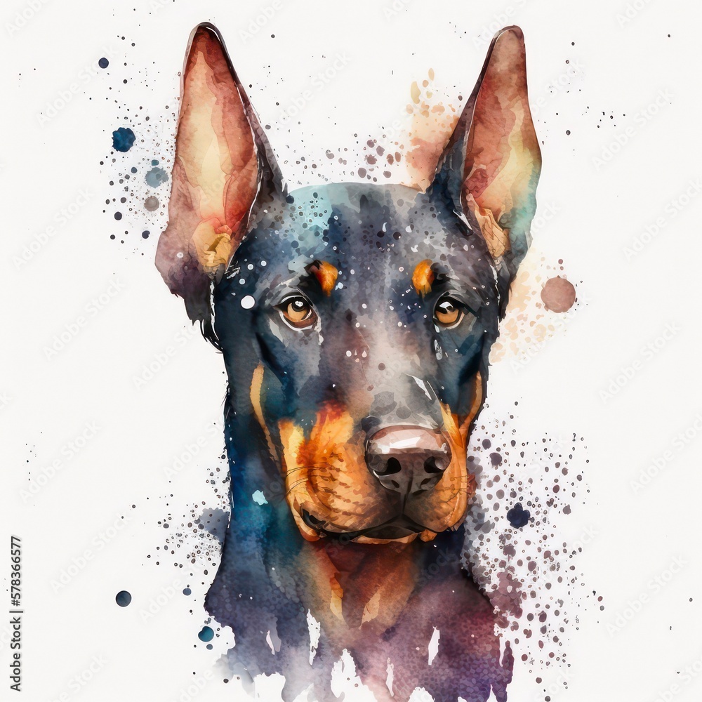 Digital illustration of a cute doberman dog. Colorful drawing with ...