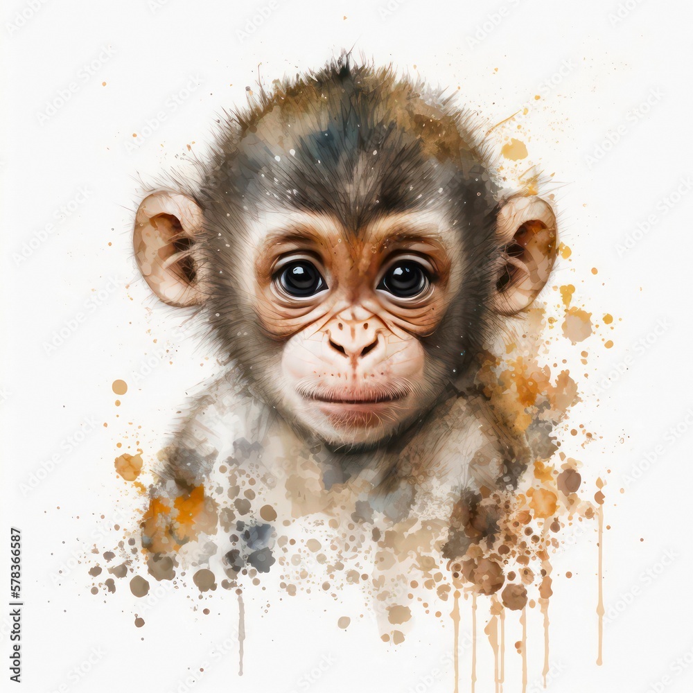 Cute little monkey in aquarelle style with paint splashes. Watercolor ...