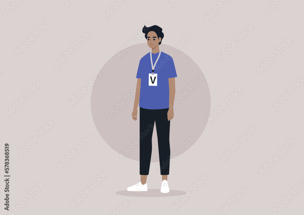 A young male Caucasian character wearing a visitor badge on a lanyard ...