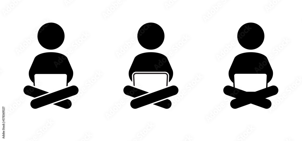 Laptop on your lap. Sitting, relax working on a computer. Stickman ...