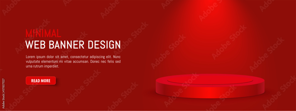 Horizontal banner with 3d realistic podium. Red stage with spotlight ...