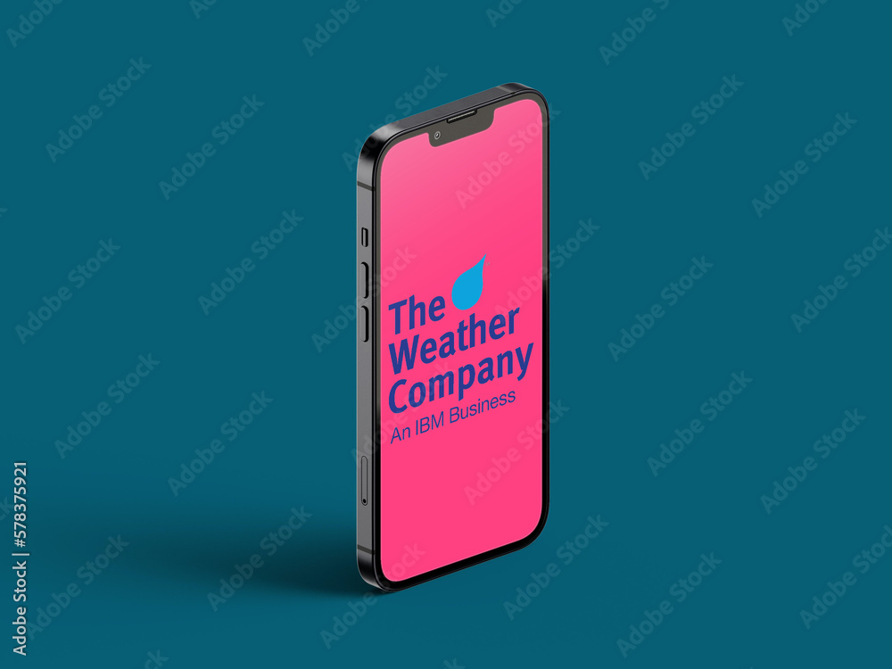 Mobile phone with the The Weather Company by IBM Logo on the screen ...