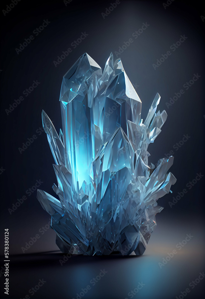 Stalagmite crystal illuminated with blue light on dark background ...