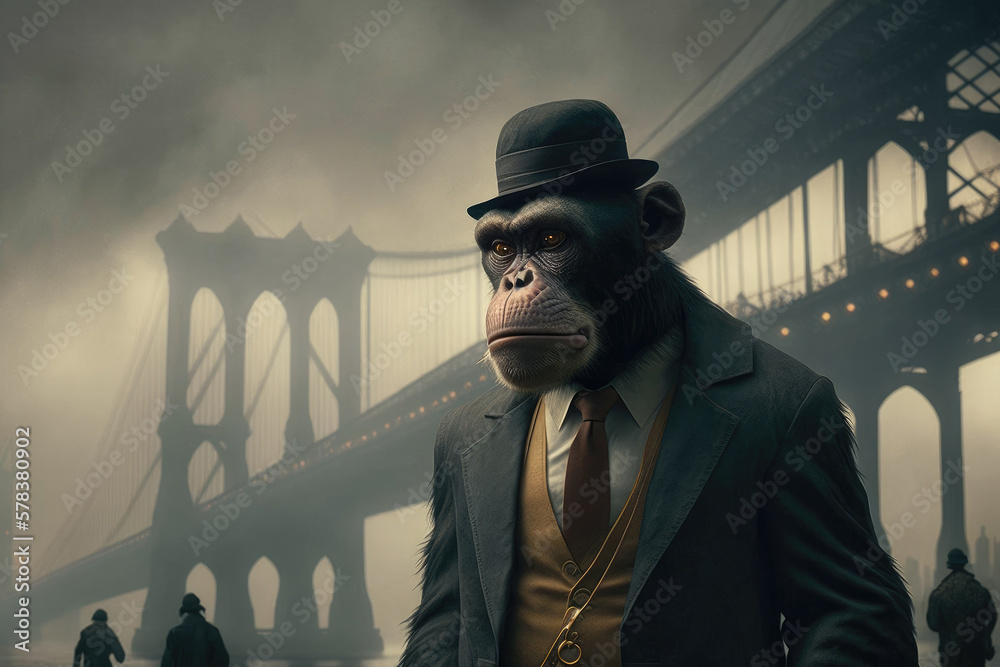 Generative AI illustration of male ape in suit against bridge Stock ...