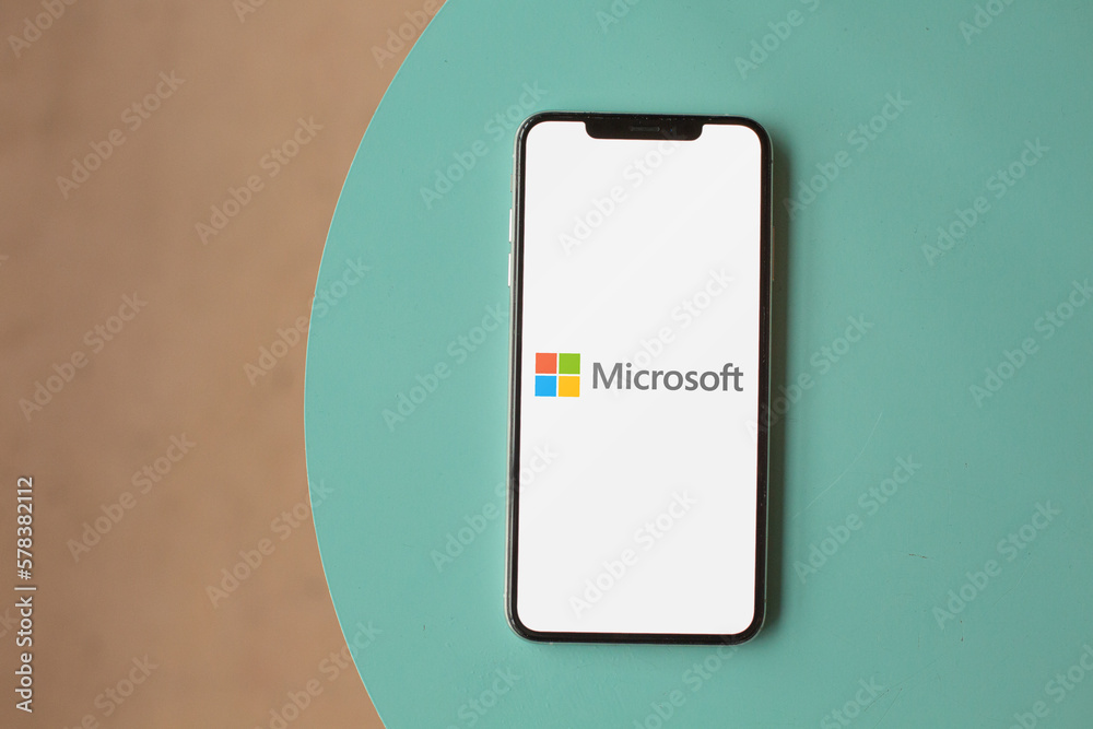 Mobile phone with the Microsoft Logo on the screen Stock Photo | Adobe ...