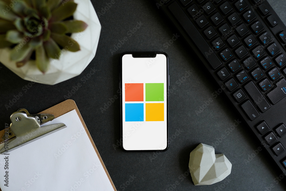 Mobile phone with the Microsoft Logo on the screen Stock Photo | Adobe ...