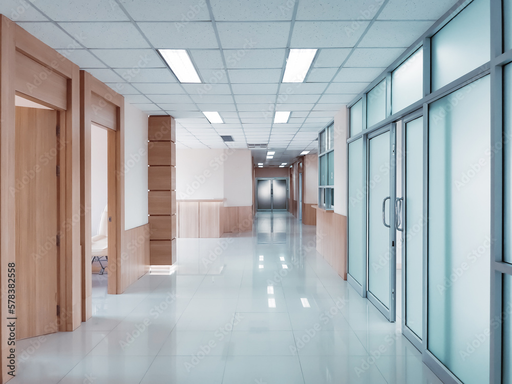 Empty hospital interior corridor, hallway with sterile floor to reduce ...