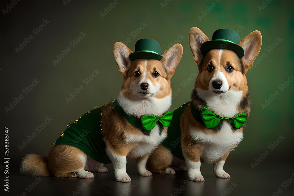 Cute dogs with green hat and costume celebrating Saint Patrick's Day on ...