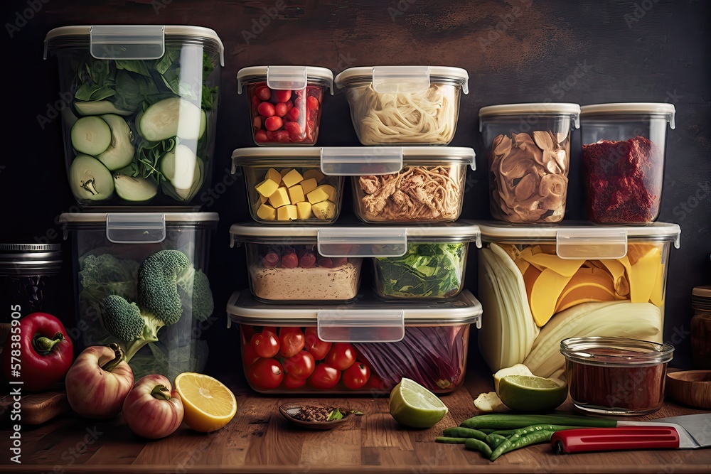 Healthy food served in small containers. Meal prep, portion control ...