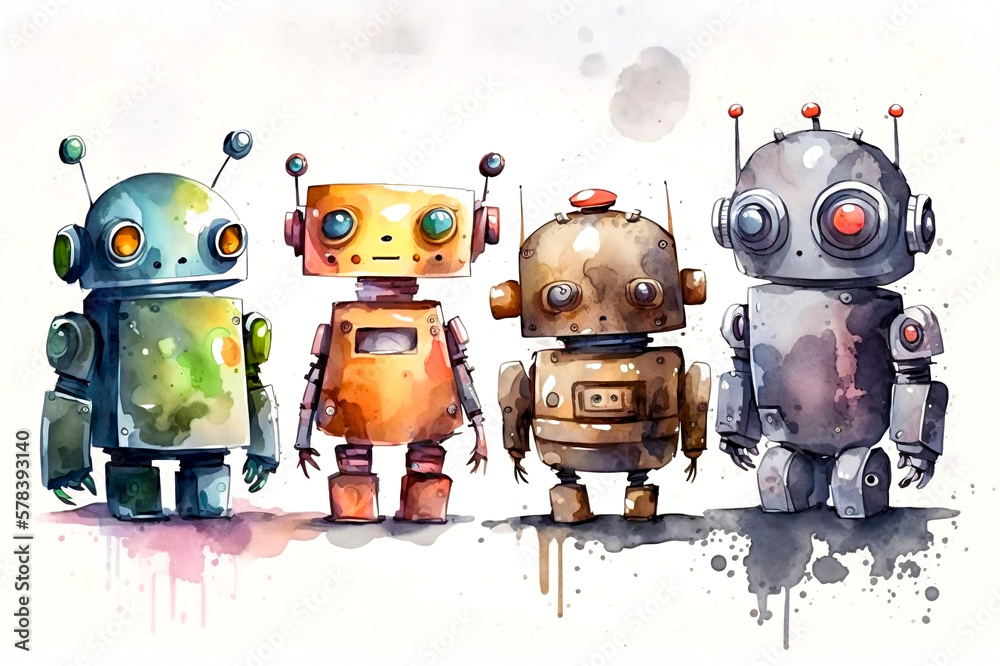 Watercolor drawing of cute little robots. AI generated illustration ...