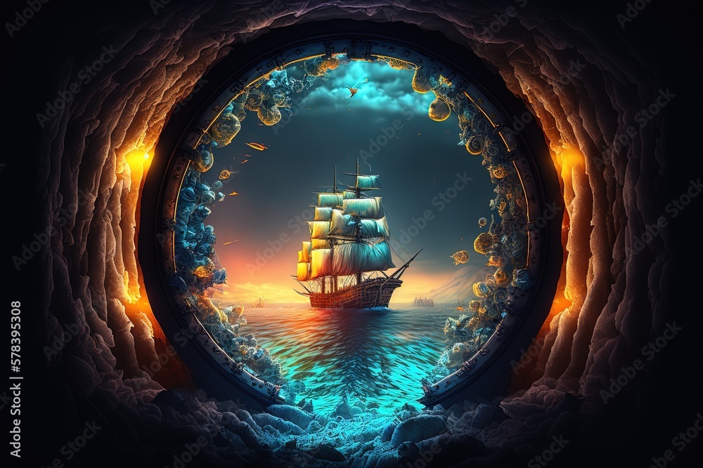 Portal to a paradise island, pirate ship and sea. Generative AI Stock ...