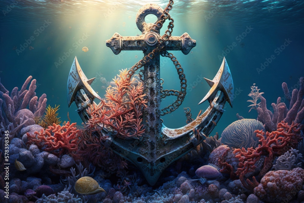 Illustration of a pirate ship anchors at the bottom of the sea amidst ...