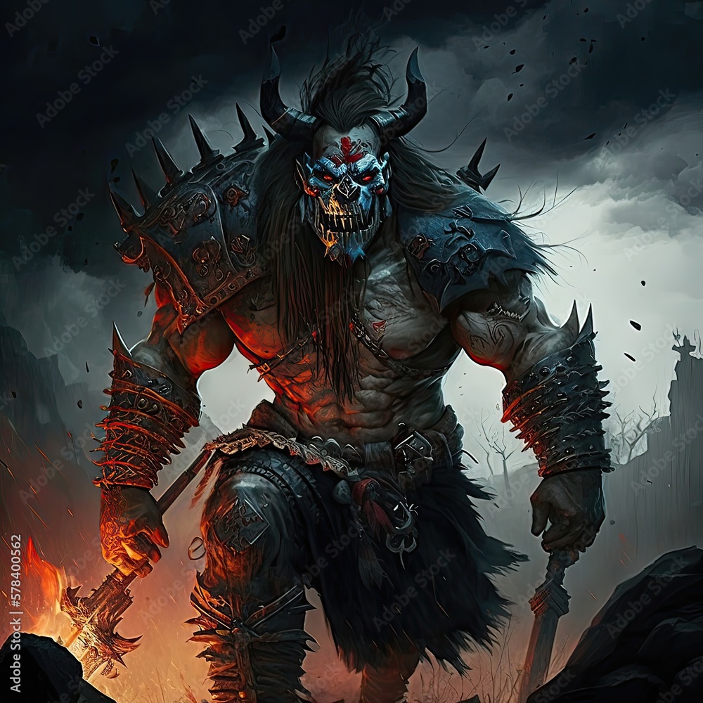 Berserker with skull makeup on the battlefield. Scandinavian mythology ...