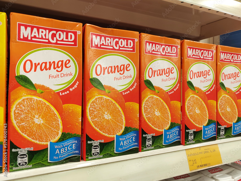 MELAKA, MALAYSIA -MARCH 22, 2022: Juice with fruit flavour packed in a ...