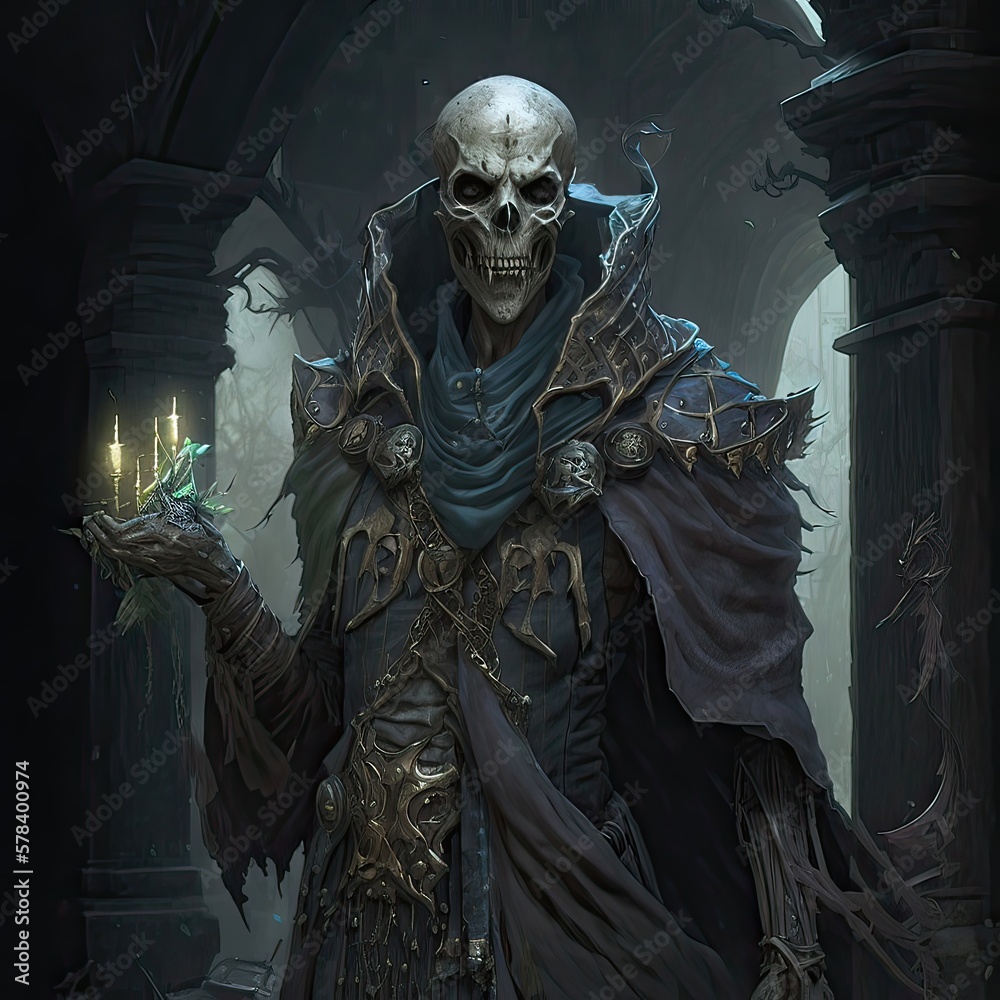 Gothic skeleton necromancer with candles in his hand. Magic, undead ...