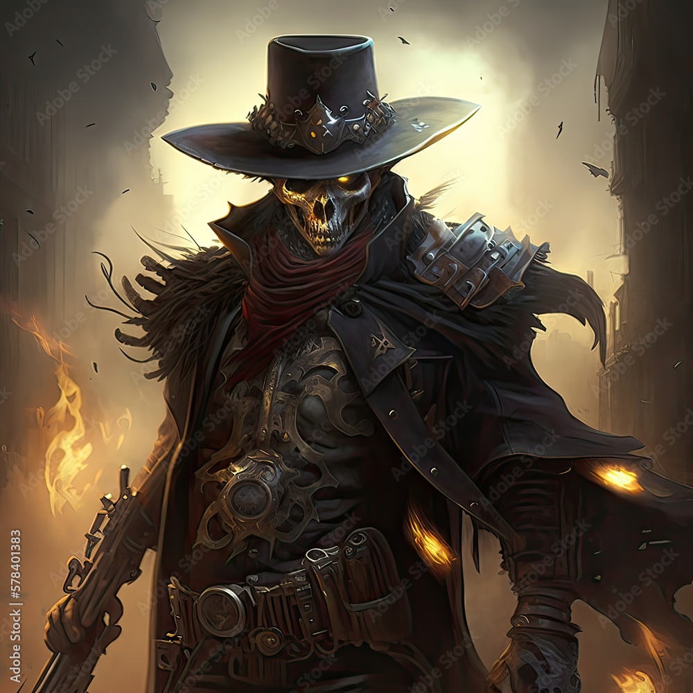 Undead shooter in a black cloak. Noon, duel, skeleton, dark atmosphere ...