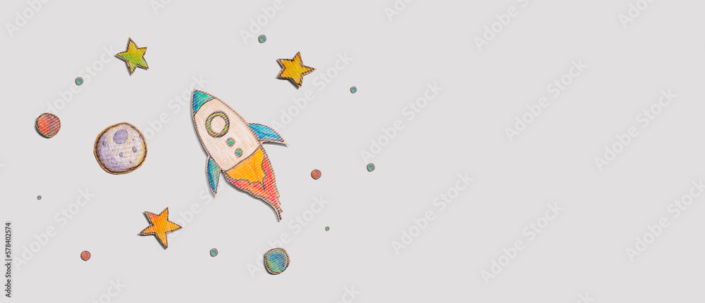 Space exploration theme with rocket and star drawings Stock Photo ...