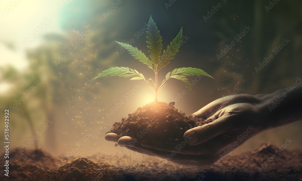 Farmer hands holds young baby cannabis plant. Concept farm marijuana ...