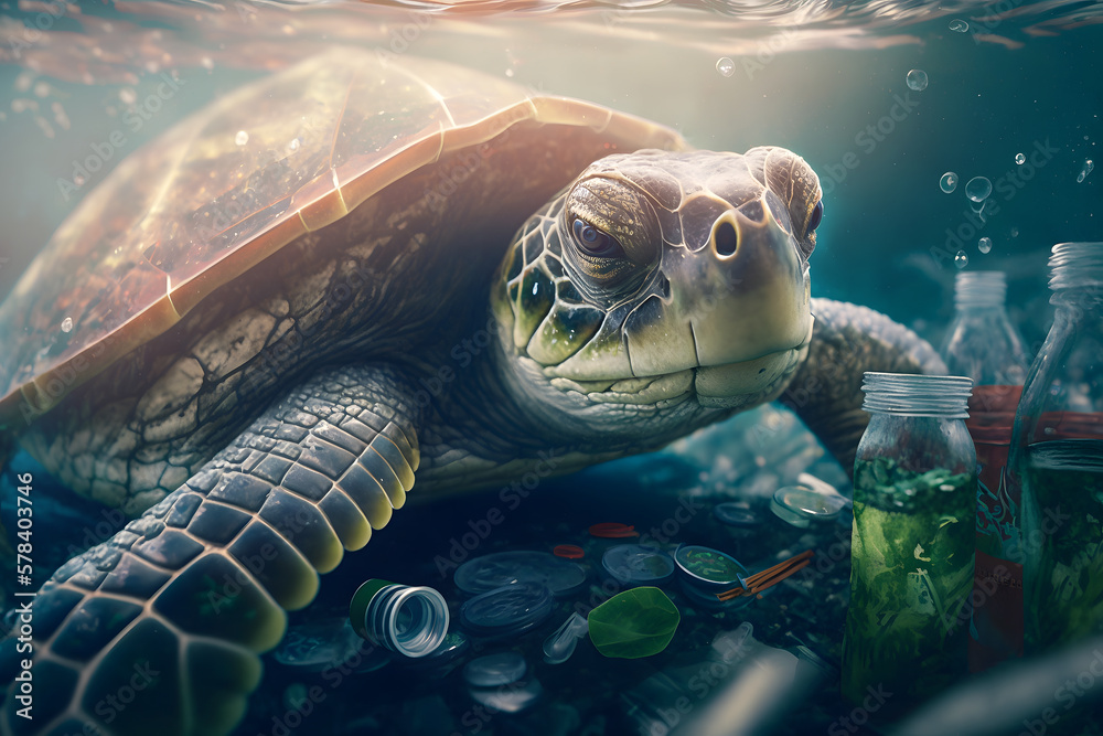 Turtle in dirt green water with bottle and bag waste. Concept global ...