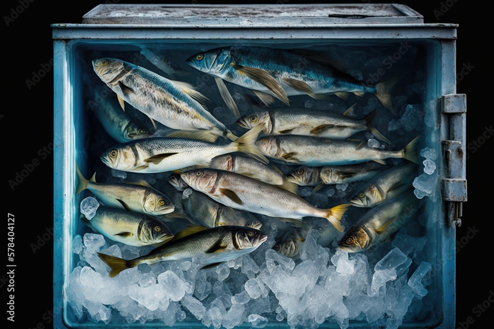 A lot of frozen fish in a thermal box, concept of Cold Storage and ...