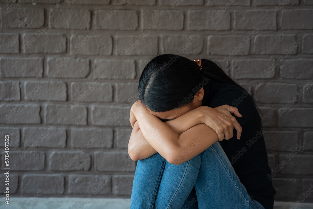 Depressing Woman Is Hugging Knees On The Floor Sad Woman Hug Her Knee