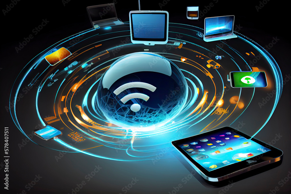 Wi Fi symbol, wireless networking digital hi tech innovation concept ...