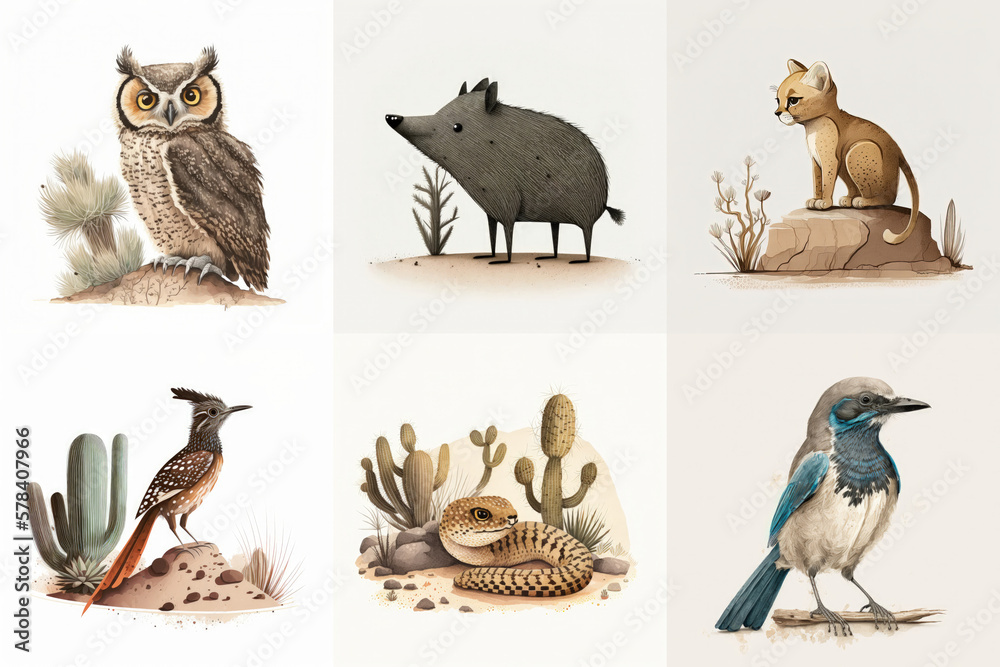 A set of six cute animals, mammals, birds, reptiles, from the area of ...