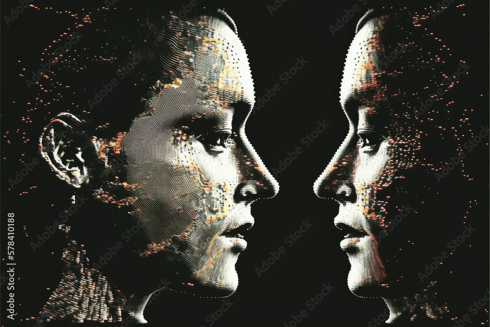 ภาพประกอบสต็อก Surrealistic human face created by arrayed pixel ...