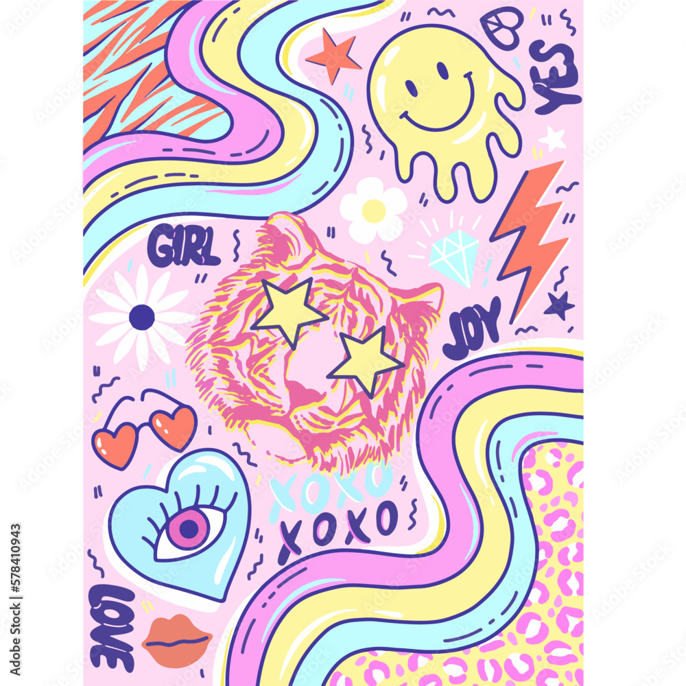 Tiger, smiles and rainbows, vector art with preppy aesthetic theme ...