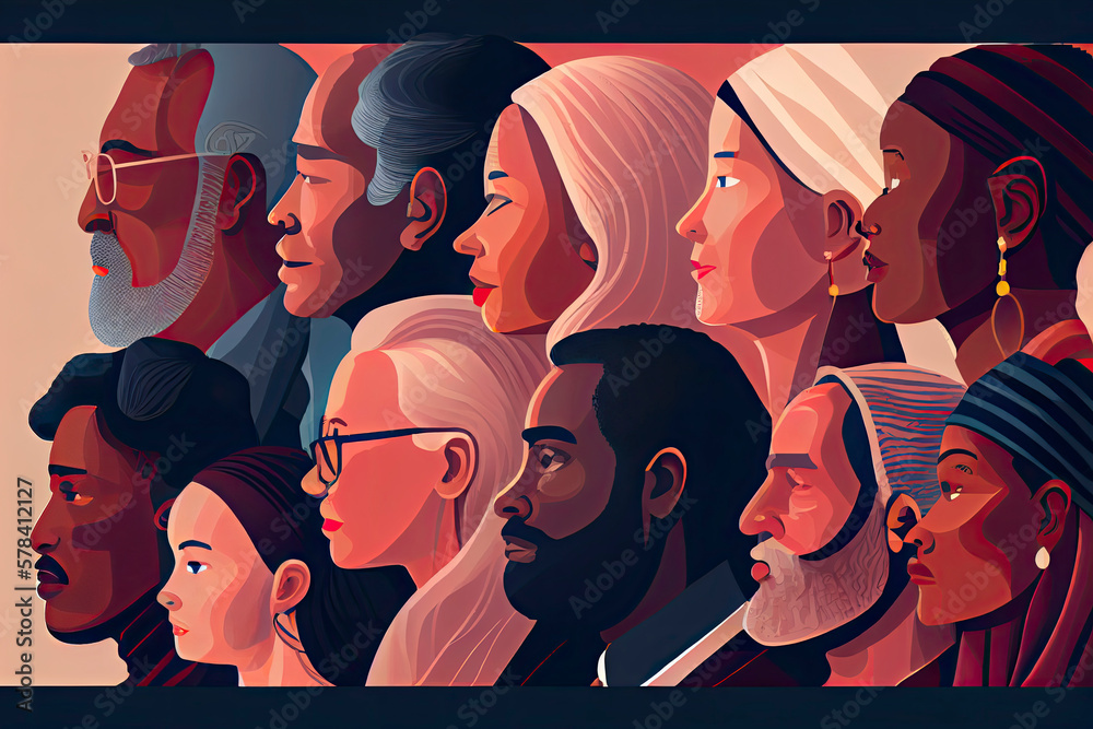 Diverse people, multiracial, multicultural crowd of men and women, side ...