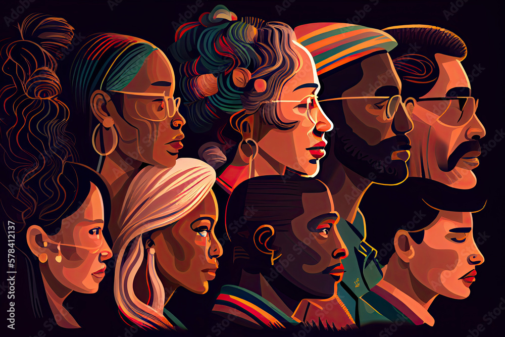 Diverse people, multiracial, multicultural crowd of men and women, side ...