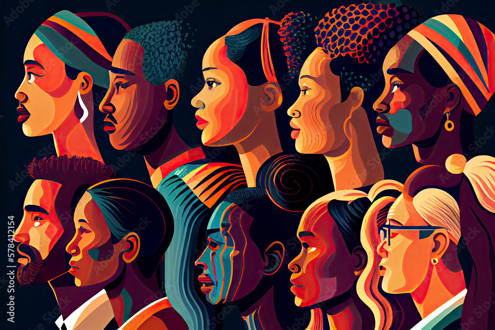 Diverse people, multiracial, multicultural crowd of men and women, side ...