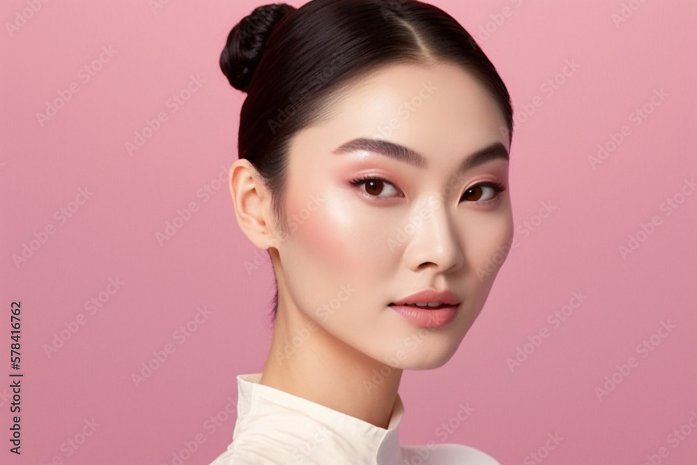 ภาพประกอบสต็อก Beautiful Asian model with luminous skin on pink ...