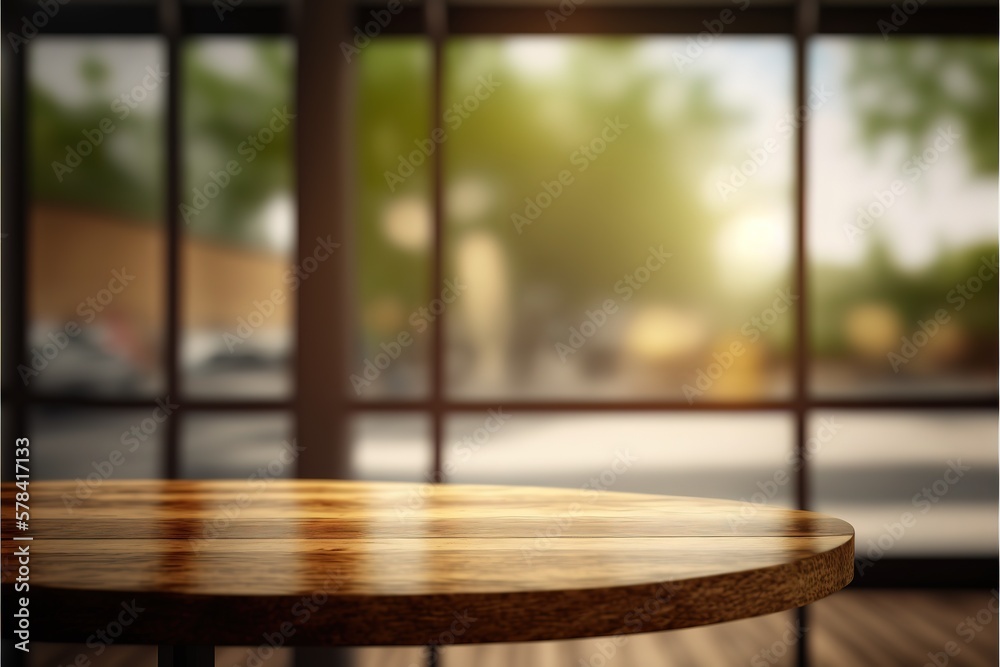 Empty wooden table and blur glass wall background window room interior ...